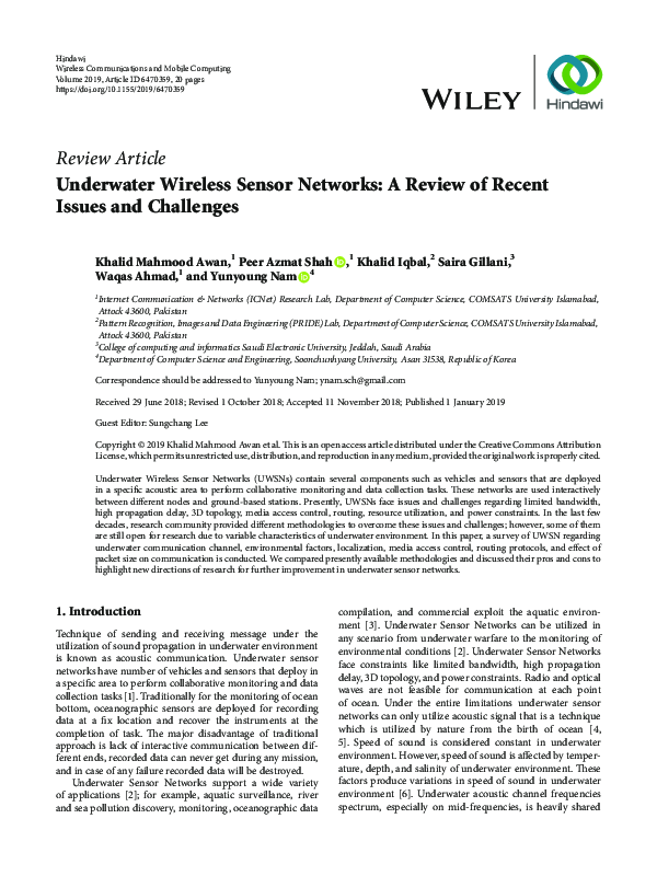 (PDF) Underwater Wireless Sensor Networks: A Review of Recent Issues and Challenges
