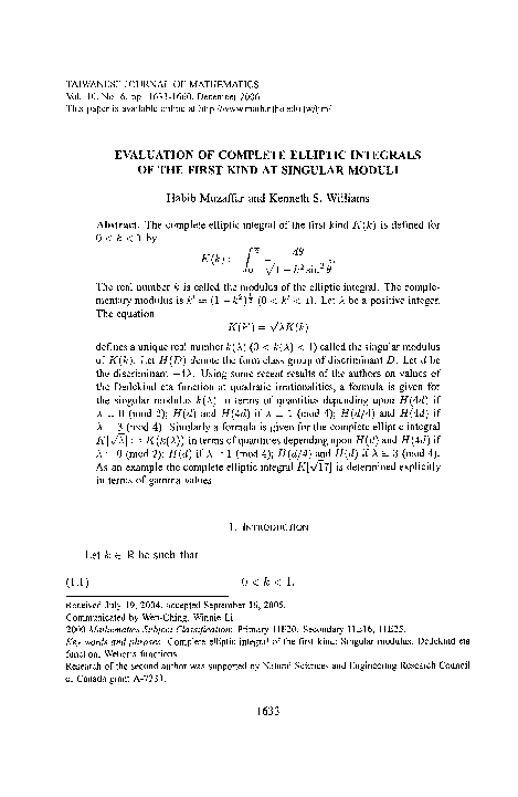 (PDF) Evaluation of Complete Elliptic Integrals of the First Kind at ...