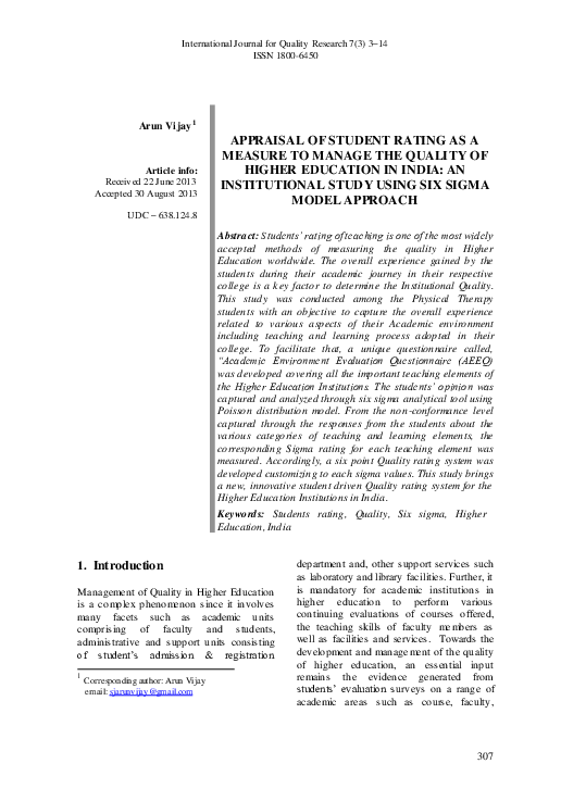 (PDF) Appraisal of Student Rating as a Measure to Manage the Quality of ...