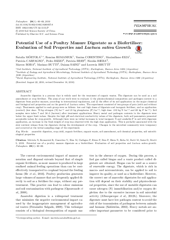 (PDF) Potential Use of a Poultry Manure Digestate as a Biofertiliser ...