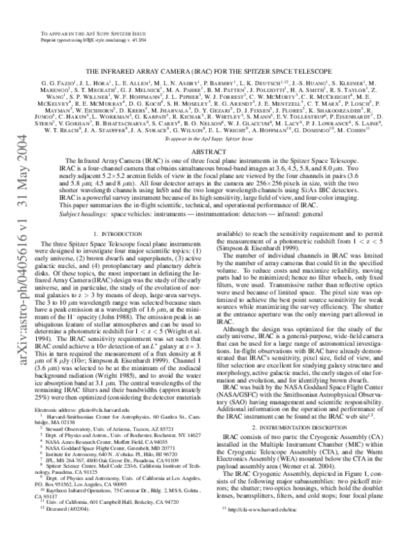 (PDF) The Infrared Array Camera (IRAC) for the Spitzer Space Telescope