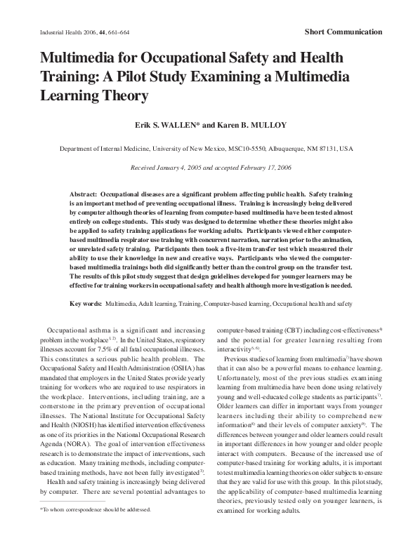 (PDF) Multimedia for Occupational Safety and Health Training: A Pilot ...