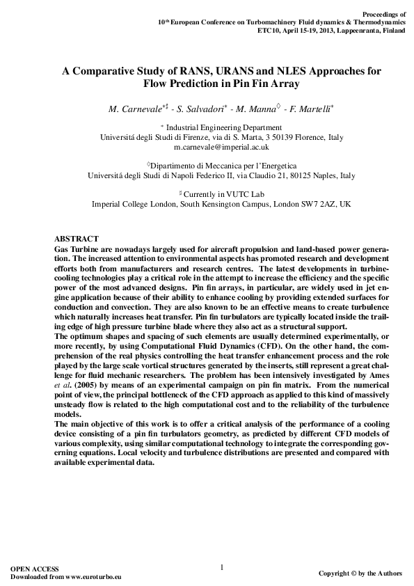 (PDF) A Comparative Study of RANS , URANS and NLES Approaches for Flow Prediction in Pin Fin Array