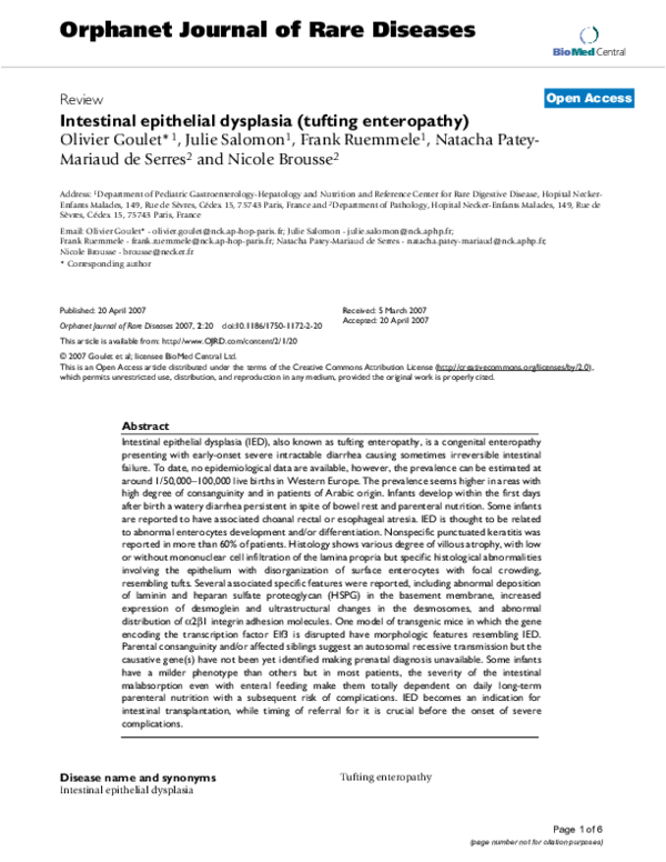 (PDF) Intestinal epithelial dysplasia (tufting enteropathy)