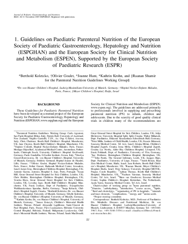 (PDF) ESPGHAN and ESPEN Guidelines Paediatric Parenteral Nutrition ...