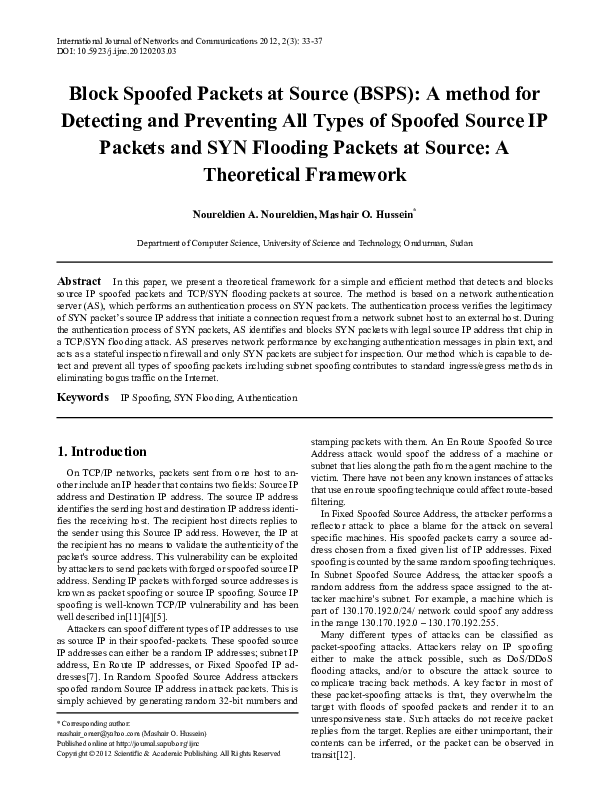 (PDF) Block Spoofed Packets at Source (BSPS): A method for Detecting ...