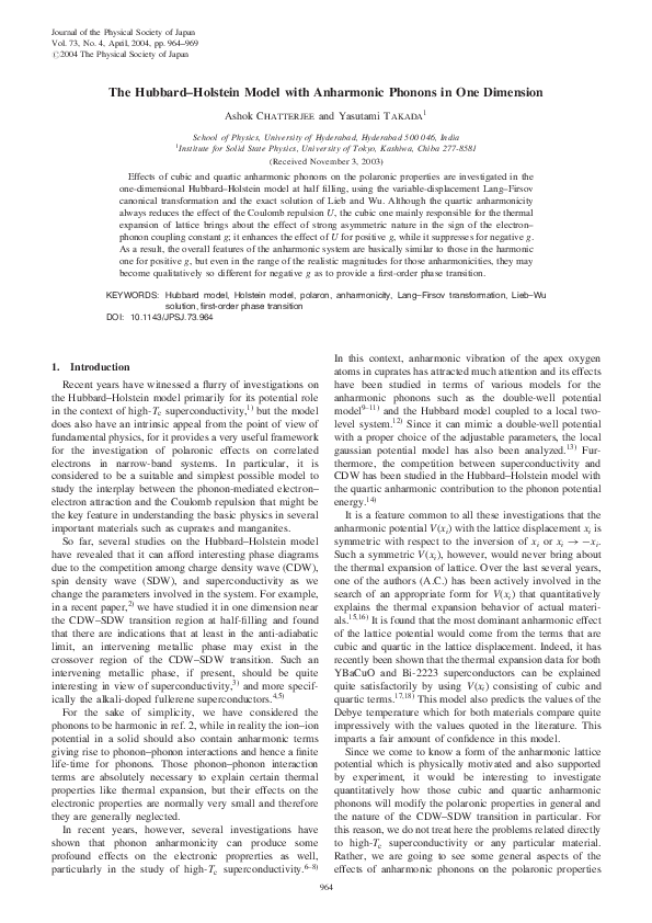 (PDF) The Hubbard–Holstein Model with Anharmonic Phonons in One Dimension