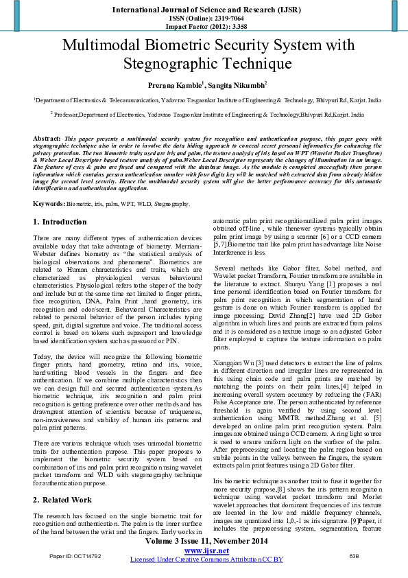 (PDF) Multimodal Biometric Security System with Stegnographic Technique