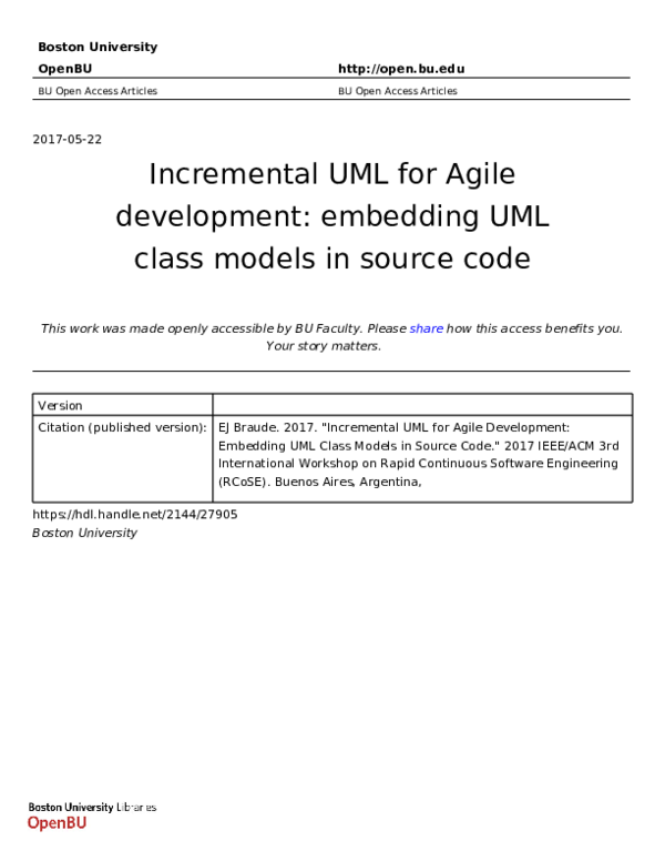 (PDF) Incremental UML for Agile Development: Embedding UML Class Models in Source Code