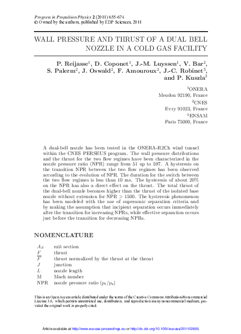 (PDF) Wall pressure and thrust of a dual bell nozzle in a cold gas facility