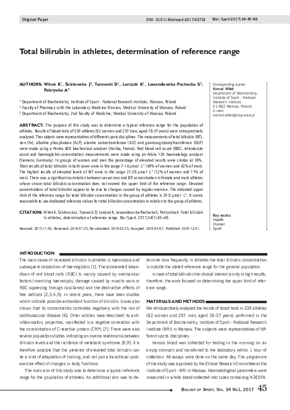(PDF) Total bilirubin in athletes, determination of reference range