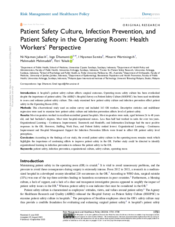 (PDF) Patient Safety Culture, Infection Prevention, and Patient Safety ...
