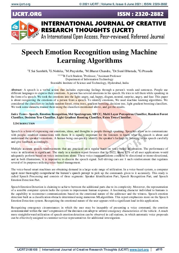 (PDF) Speech Emotion Recognition Using Machine Learning Algorithms