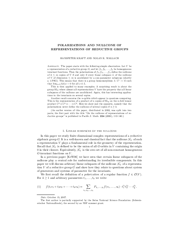(PDF) Polarizations and Nullcone of Representations of Reductive Groups