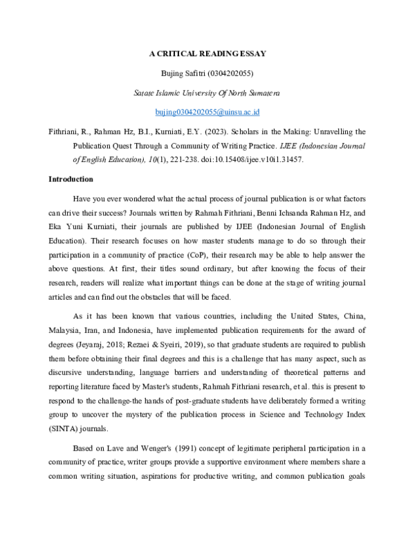 (DOC) A CRITICAL READING ESSAY