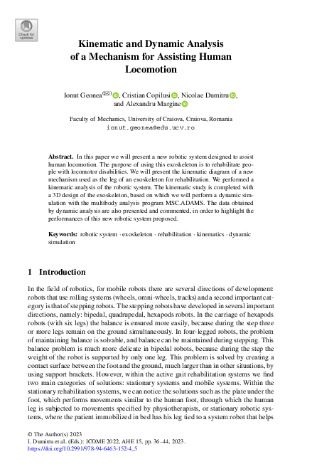 (PDF) Kinematic and Dynamic Analysis of a Mechanism for Assisting Human Locomotion | Nicolae ...