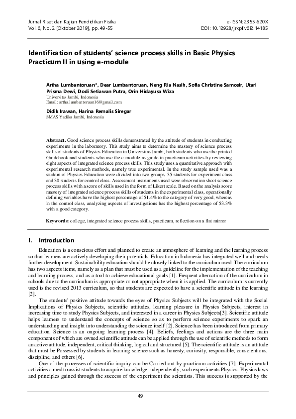 (PDF) Identification of students’ science process skills in Basic Physics Practicum II in using ...