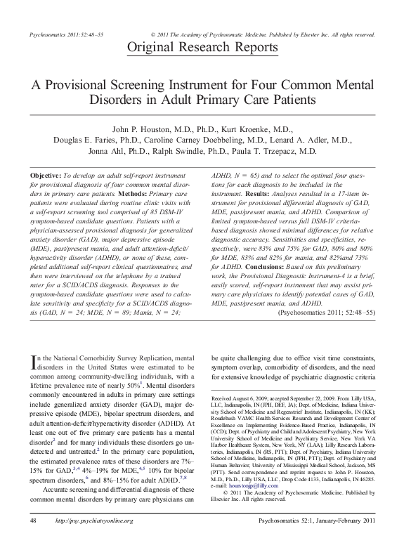 (PDF) A Provisional Screening Instrument for Four Common Mental ...
