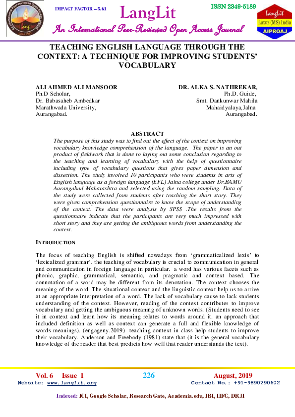 (PDF) Teaching English Language Through the Context: A Technique for Improving Students