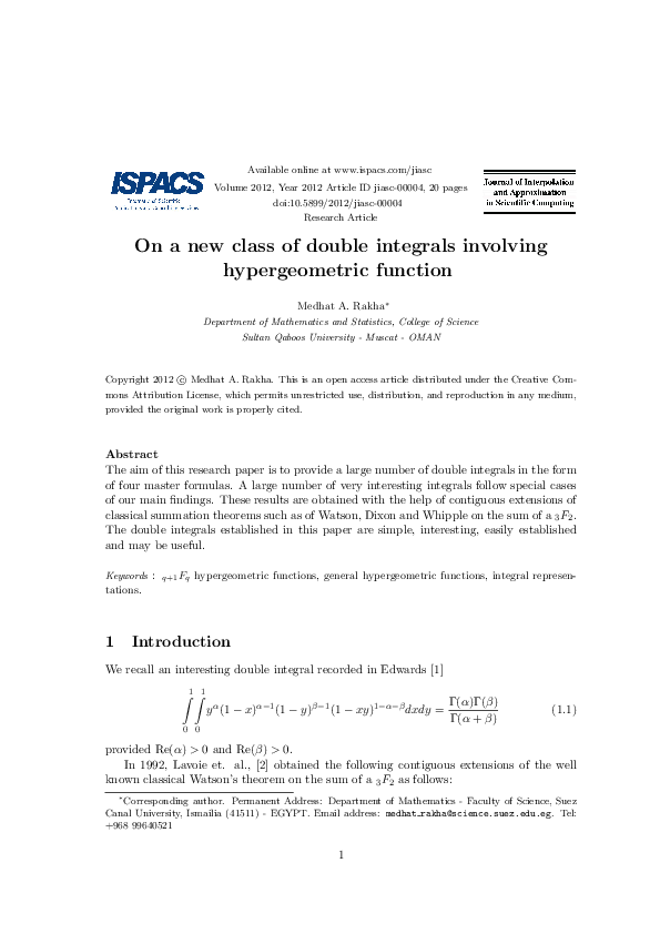 (PDF) On a new class of double integrals involving hypergeometric ...
