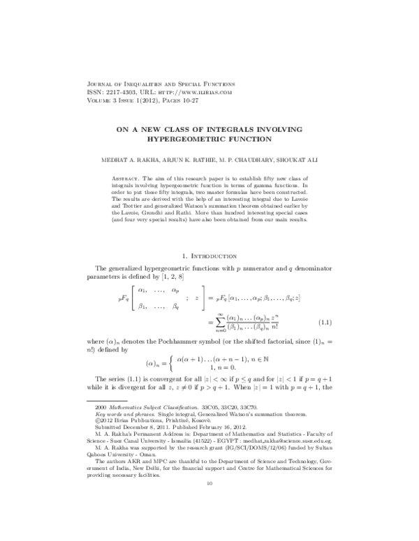 (PDF) A New Class of Integrals Involving Hypergeometric Function