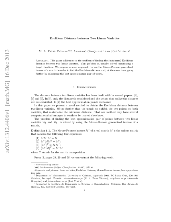 (PDF) Euclidean distance between two linear varieties