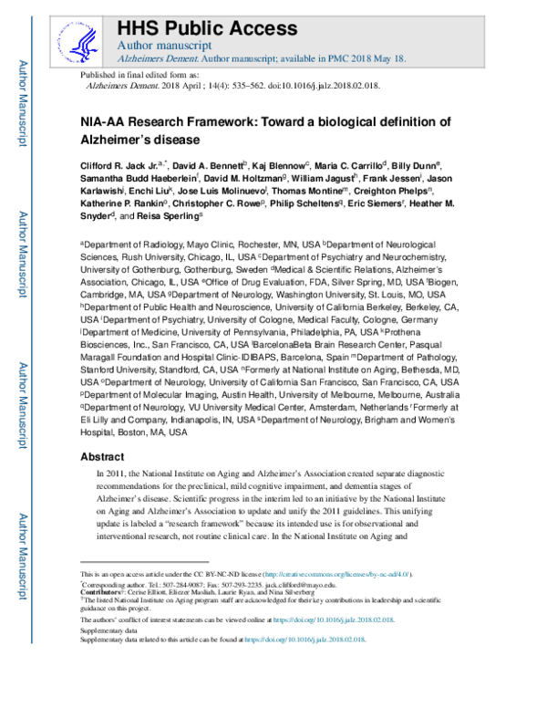 (PDF) NIA-AA Research Framework: Toward a biological definition of ...