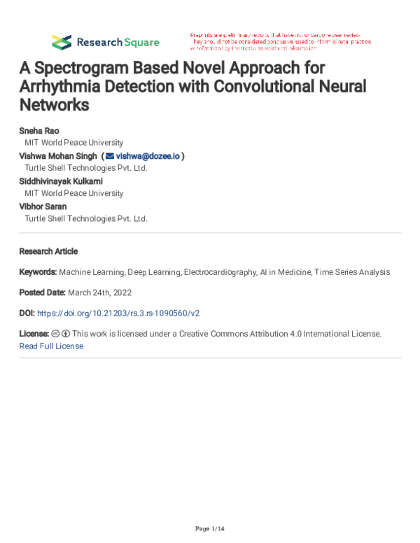 Pdf A Spectrogram Based Novel Approach For Arrhythmia Detection With Convolutional Neural Networks