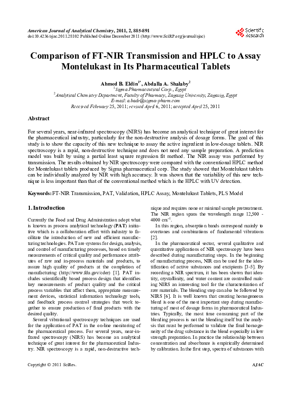(PDF) Comparison of FT-NIR Transmission and HPLC to Assay Montelukast in Its Pharmaceutical Tablets