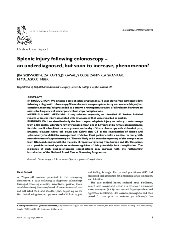 (PDF) Splenic injury following colonoscopy – an underdiagnosed, but ...