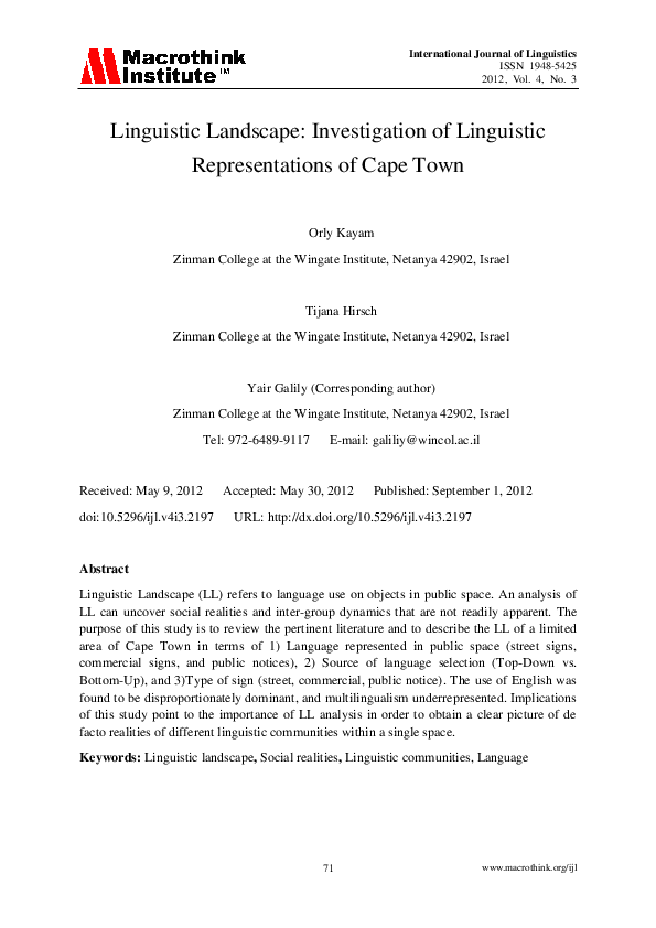 (PDF) Linguistic Landscape: Investigation of Linguistic Representations of Cape Town
