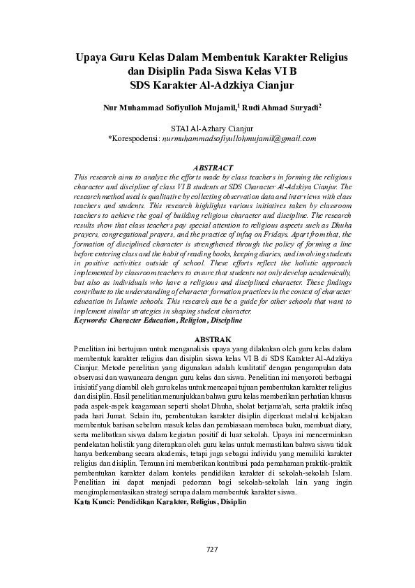 (PDF) Upaya Guru Kelas Dalam Membentuk Karakter Religius dan Disiplin ...