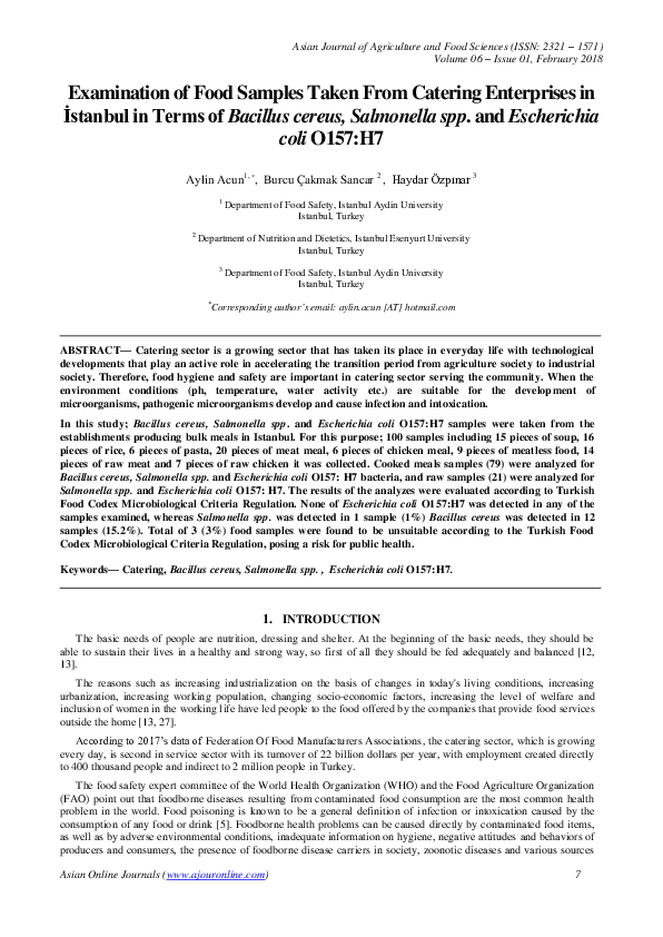 (PDF) Examination of Food Samples Taken From Catering Enterprises in ...