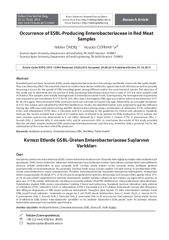 (PDF) Occurrence of ESBL-Producing Enterobacteriaceae in Cubed Beef Samples