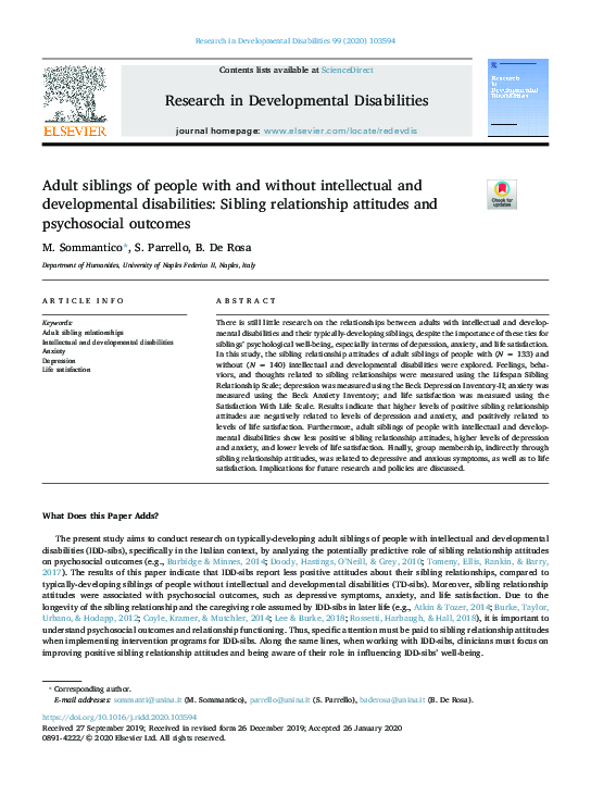 (PDF) Adult siblings of people with and without intellectual and ...