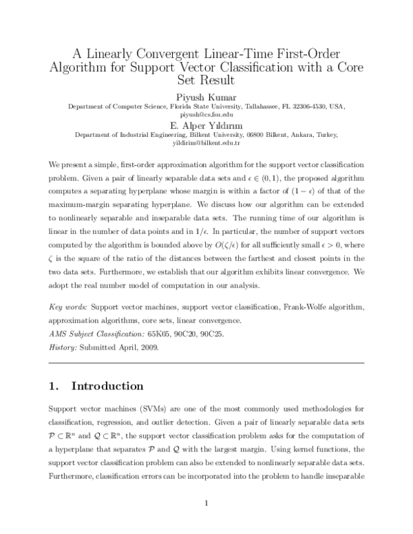 Pdf A Linearly Convergent Linear Time First Order Algorithm For Support Vector Classification