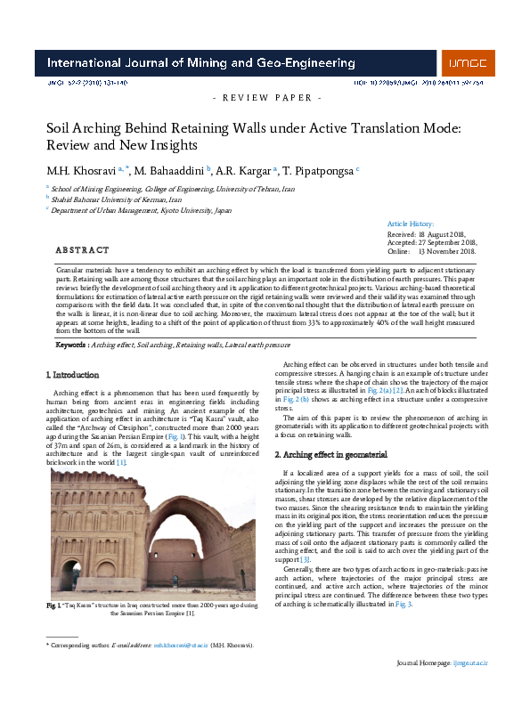 (PDF) Soil Arching Behind Retaining Walls under Active Translation Mode ...