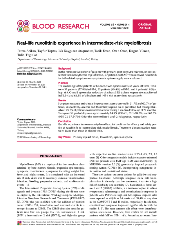 (PDF) Real-life ruxolitinib experience in intermediate-risk myelofibrosis | FATMA ARIKAN ...