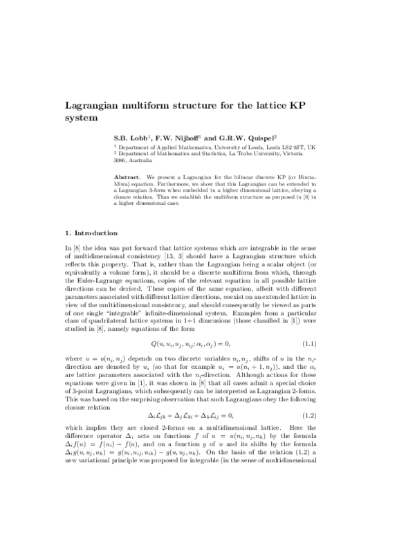 (PDF) Lagrangian multiform structure for the lattice KP system