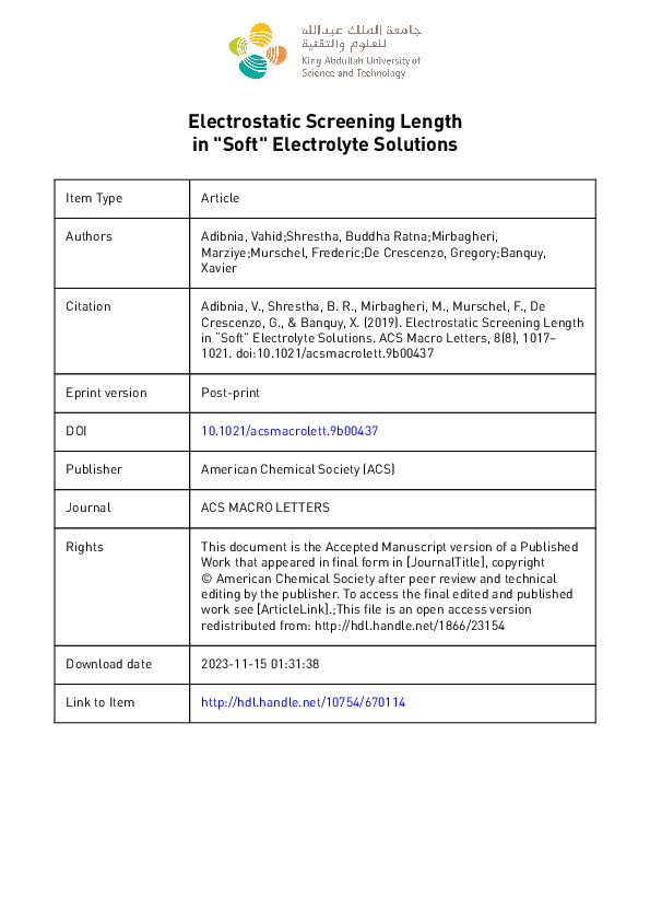 (PDF) Electrostatic Screening Length in “Soft” Electrolyte Solutions