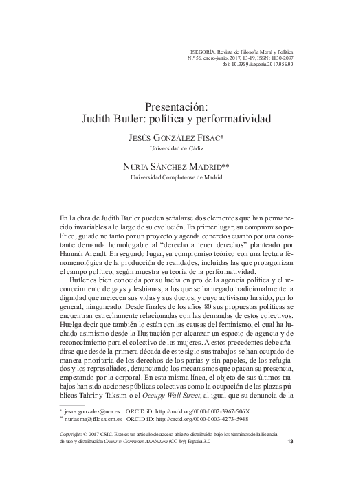 (PDF) Judith Butler: política y performatividad