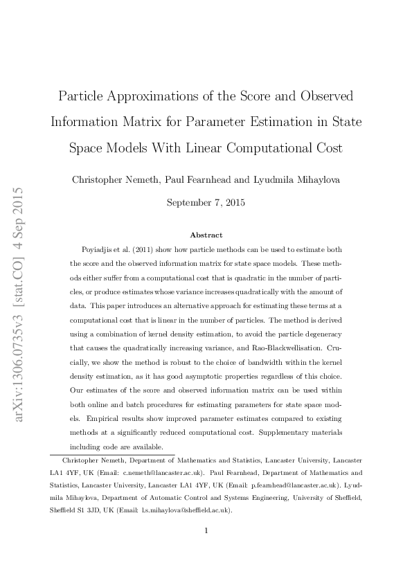 (PDF) Particle approximations of the score and observed information matrix for parameter ...