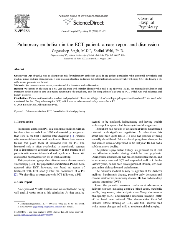 (PDF) Pulmonary embolism in the ECT patient: a case report and discussion