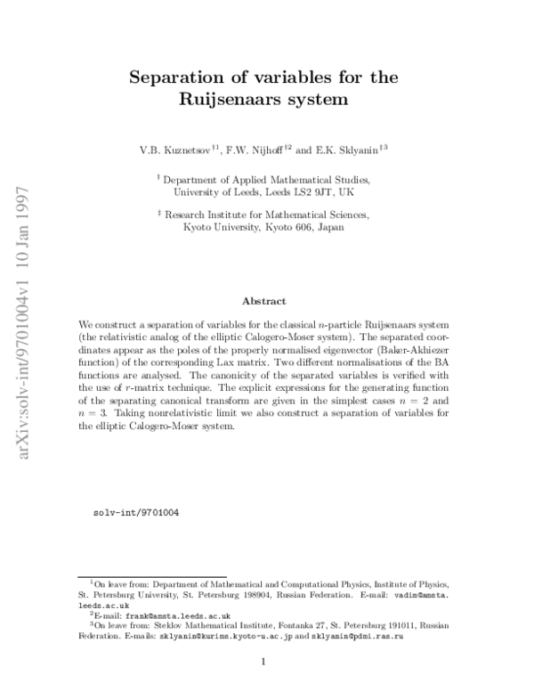 (PDF) Separation of Variables for the Ruijsenaars System