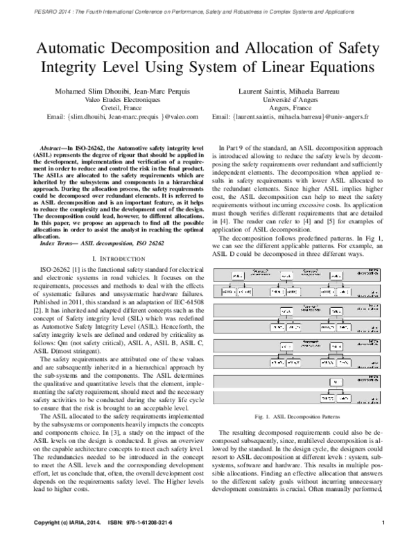 (PDF) Automatic Decomposition and Allocation of Safety Integrity Level Using System of Linear ...