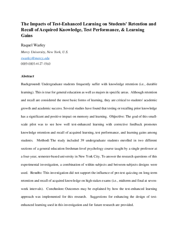 (PDF) The Impacts of Test-Enhanced Learning on Students' Retention and ...