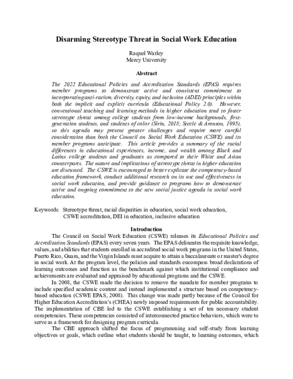 (PDF) Disarming Stereotype Threat in Social Work Education