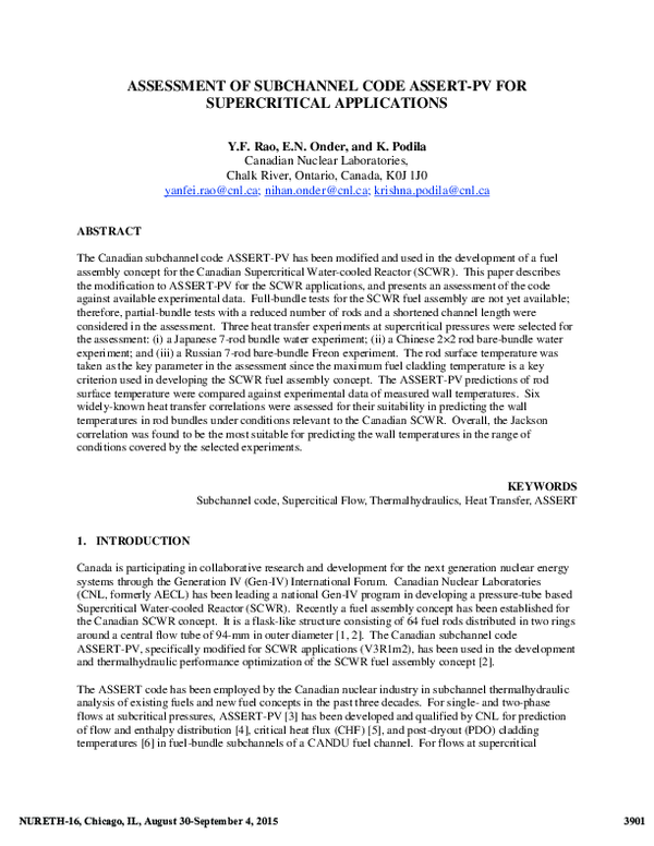 (PDF) Assessment of subchannel code ASSERT-PV for supercritical ...