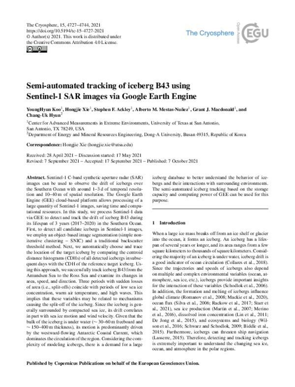 (PDF) Semi-automated tracking of iceberg B43 using Sentinel-1 SAR images via Google Earth Engine