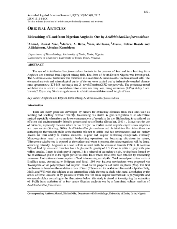 (PDF) Bioleaching of Lead from Nigerian Anglesite Ore by ...